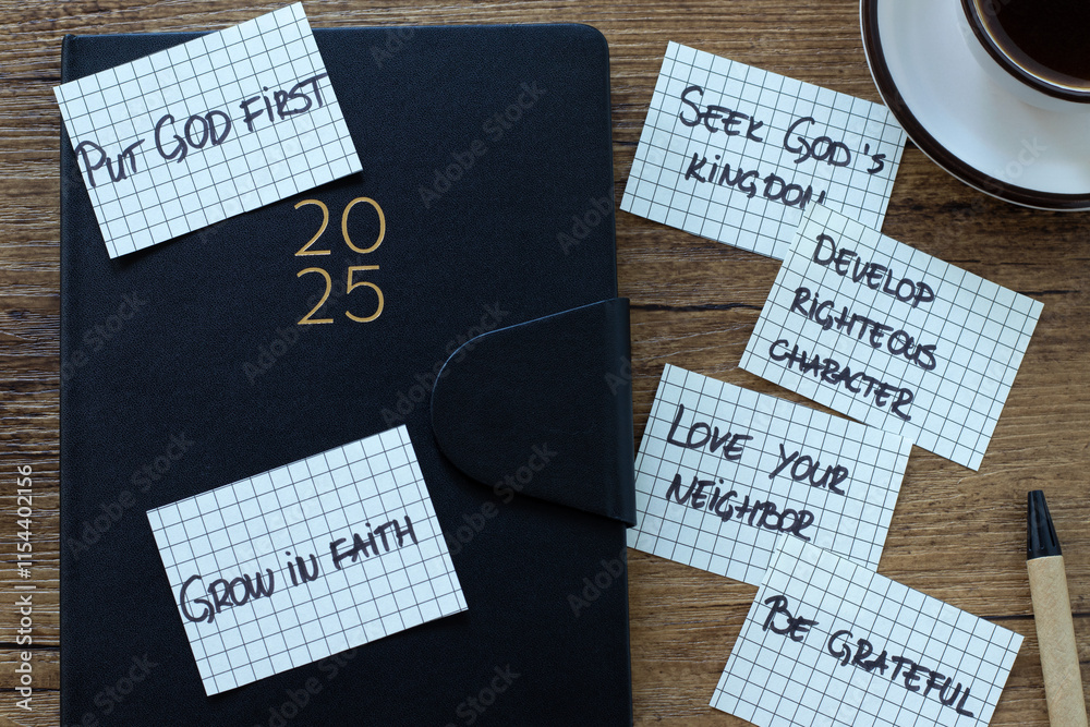 2025 Christian goals handwritten on notes on wooden desk with coffee ...