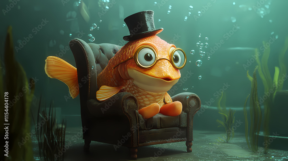 A cartoon of a fish wearing a monocle and a tiny top hat, sitting in an ...
