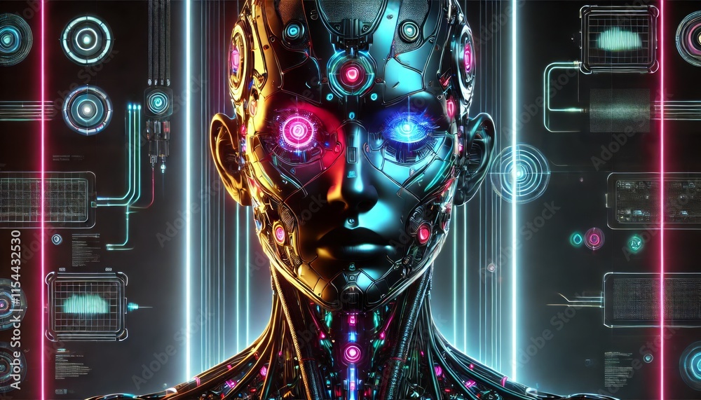 Neon Cyberpunk Cyborg Face: Futuristic Biomechanical Android Portrait ...