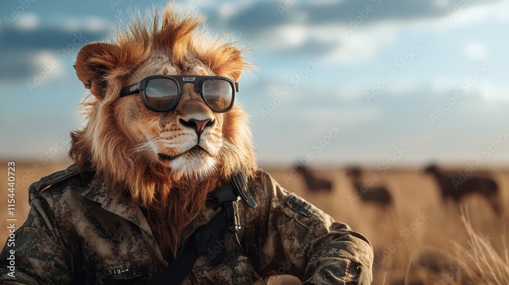 Dressed in camouflage, a regal lion sports stylish sunglasses ...
