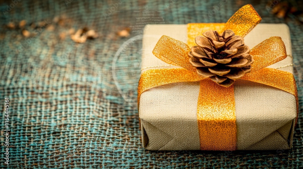 A stunning gift box is placed on a white table, with a muted Christmas ...