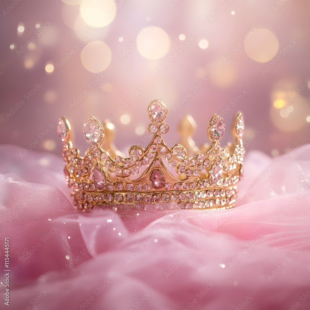 Princess birthday party: golden bedazzled princess crown on a pink ...