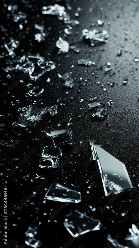 high-contrast photograph of glass pieces scattered on dark surface ...