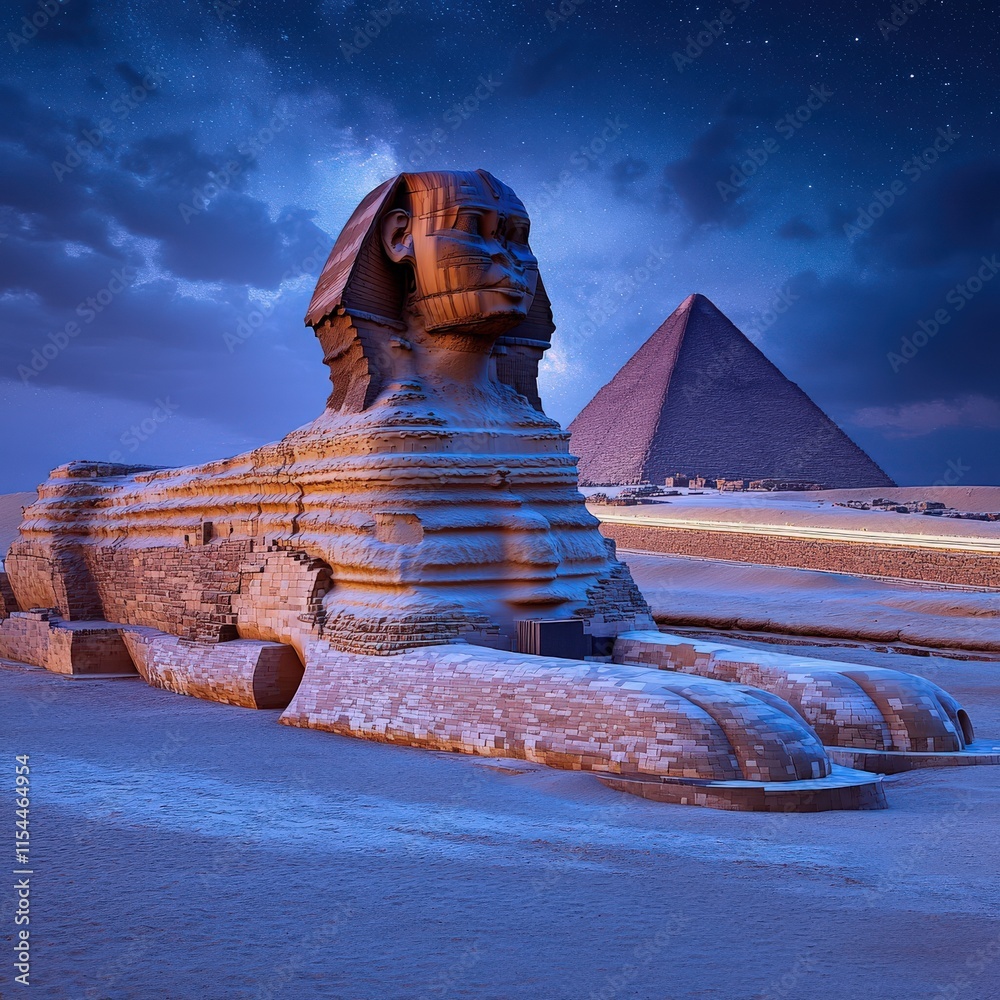 Majestic Great Sphinx and Pyramid of Giza at Night: Ancient Egyptian Landmark Under a Starry Sky ...