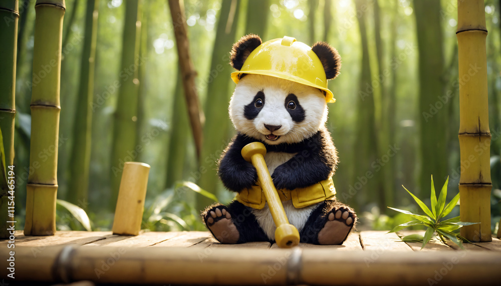 Foto de Stock Architect baby panda is building a bungalow bamboo house ...