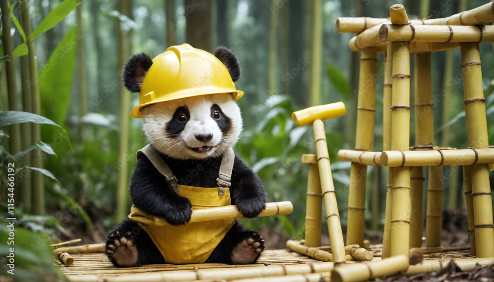 Foto de Stock Architect baby panda is building a bungalow bamboo house ...