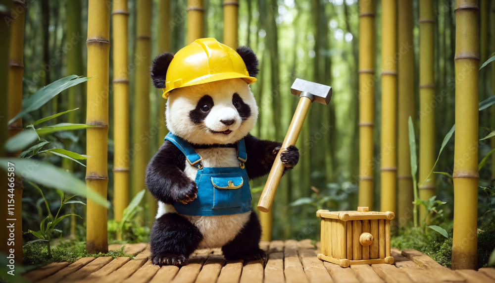 Architect baby panda is building a bungalow bamboo house with a toy ...