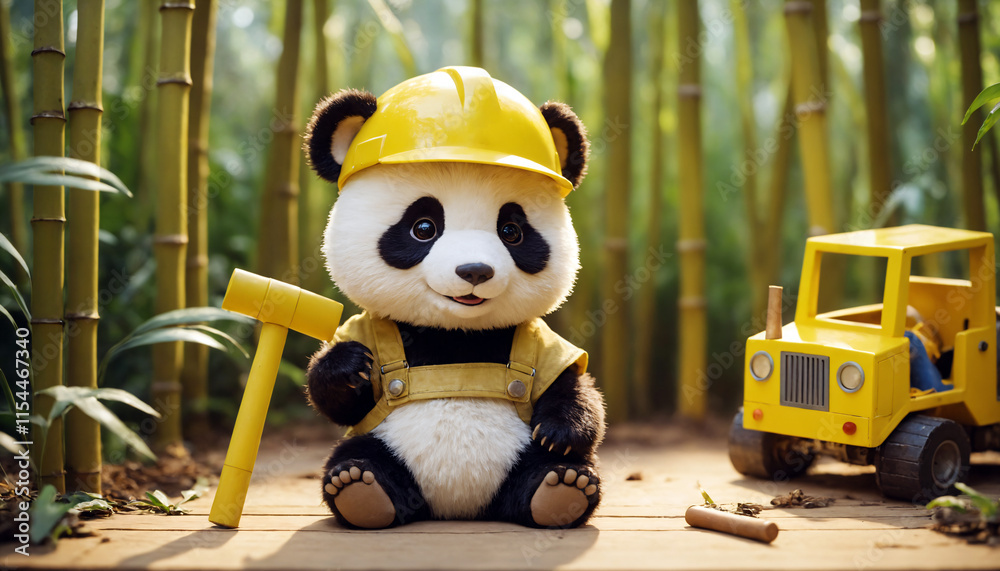 Architect baby panda is building a bungalow bamboo house with a toy ...