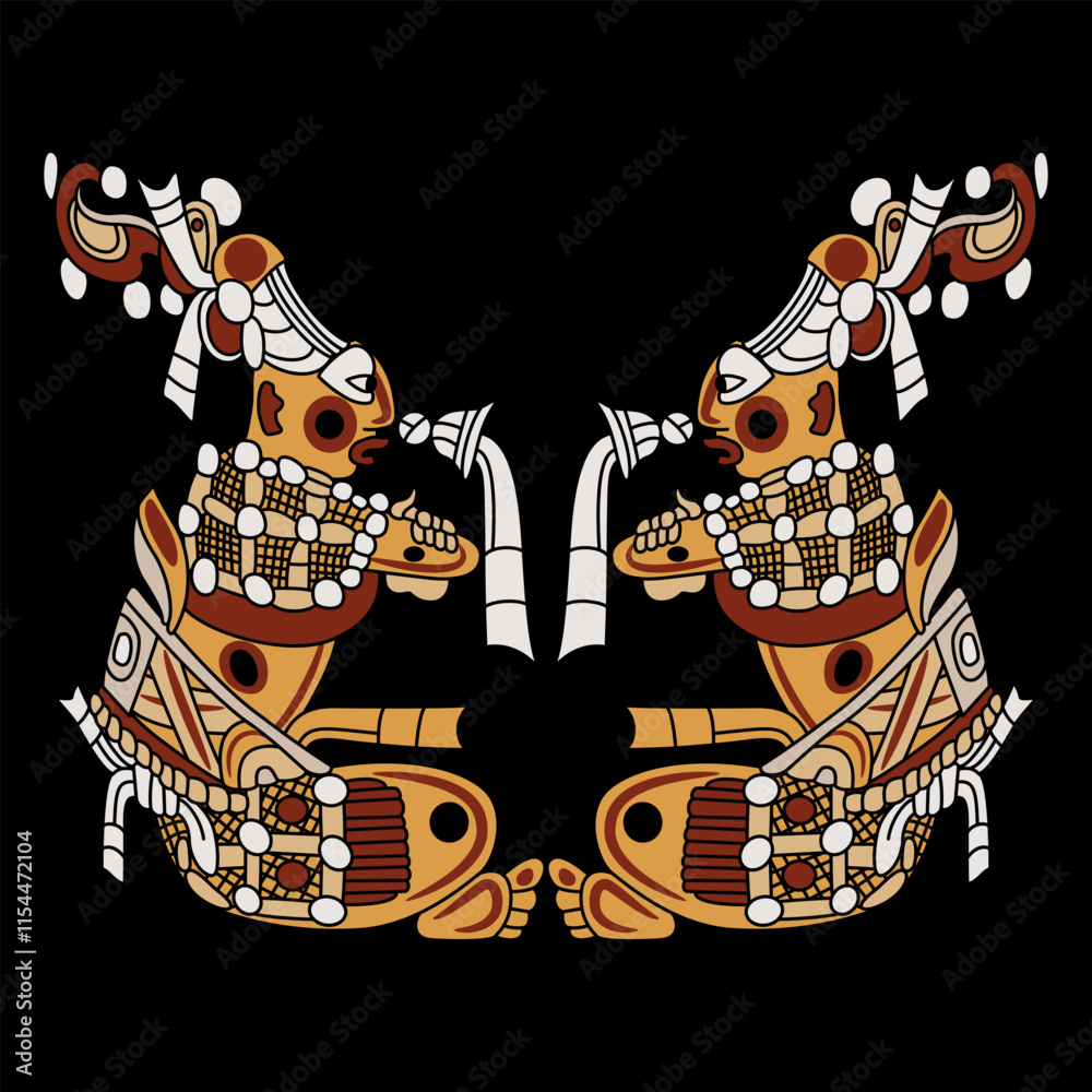 Symmetrical ethnic design with two seated Mayan men. Indigenous Native ...