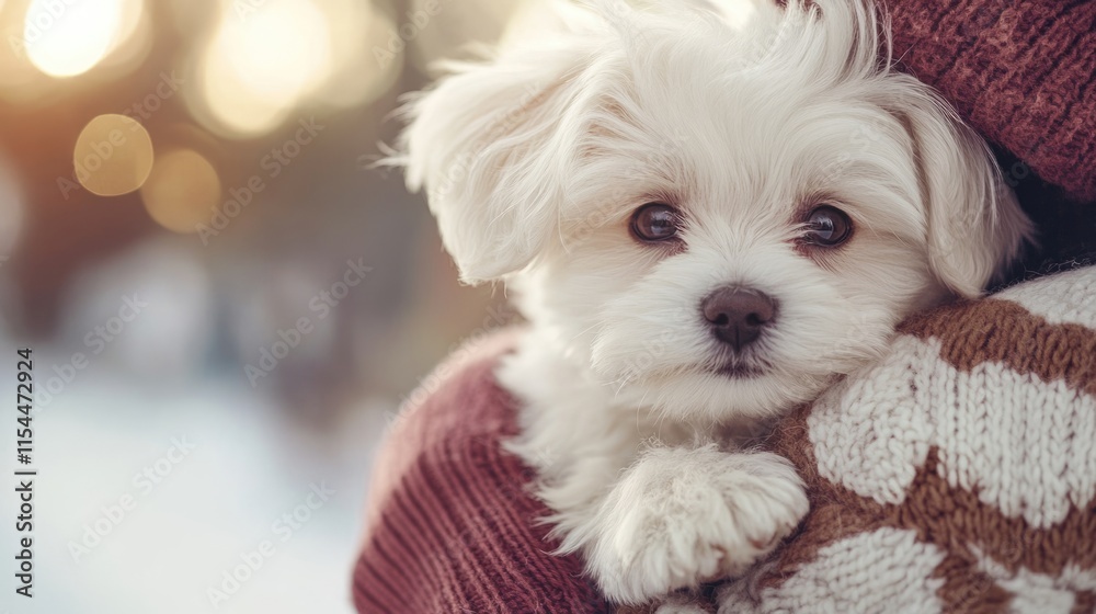 pet health care concept picture of cute Maltese dog being held by his ...