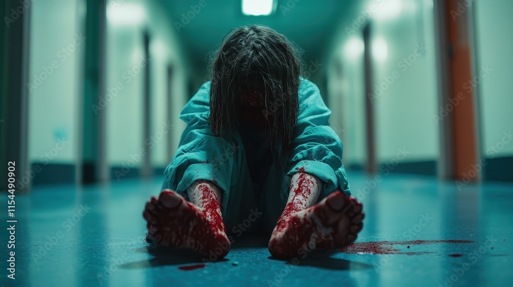 A chilling scene in a hospital hallway depicts a girl or woman sitting ...