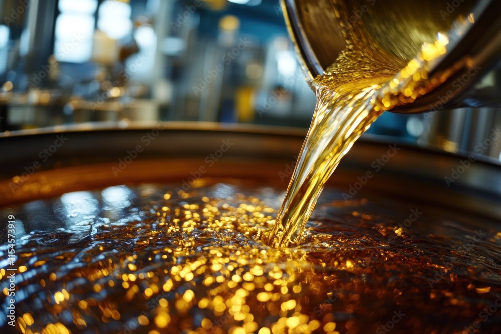 A close-up of crude oil flowing into a large processing container with ...