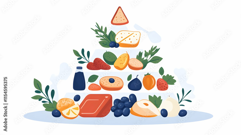 Healthy food pyramid illustration, balanced diet guide, white ...