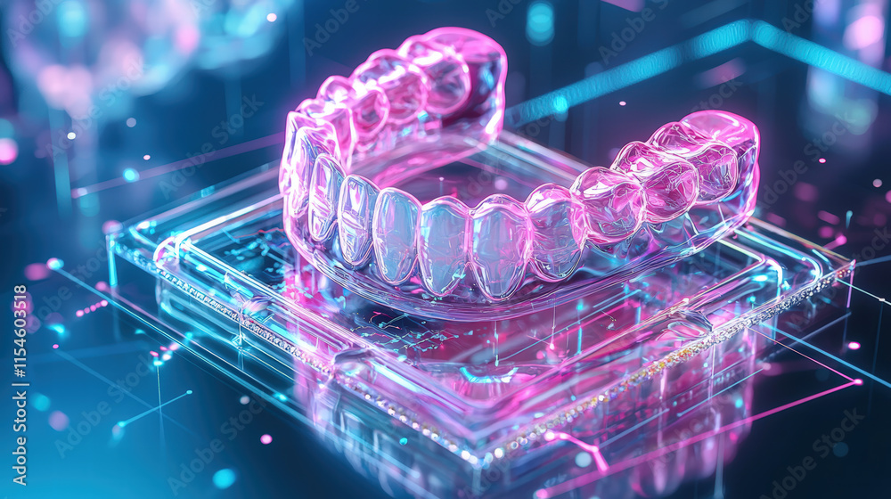 3D holographic image of orthodontic treatment plan showcasing clear aligner. vibrant colors and ...
