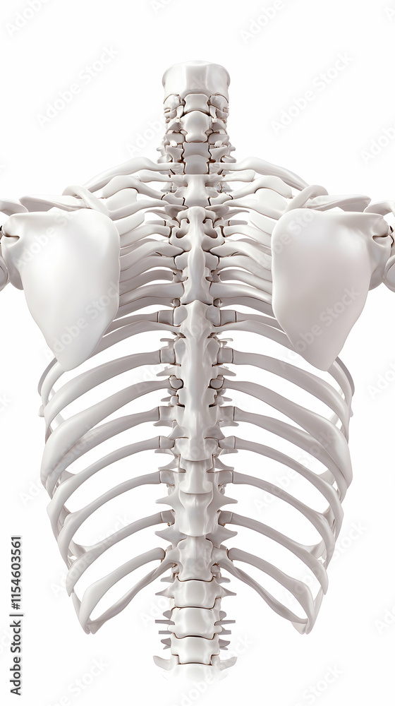 Posterior human torso skeleton anatomy, medical illustration, white ...