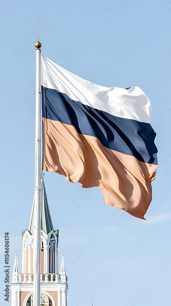 Russian flag waving, clear sky, church background, patriotic symbol ...