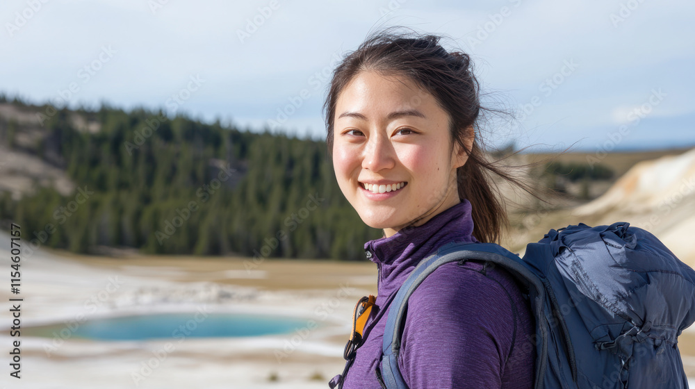 Chinese woman in purple wear standing at Grand Prismatic Pool at ...
