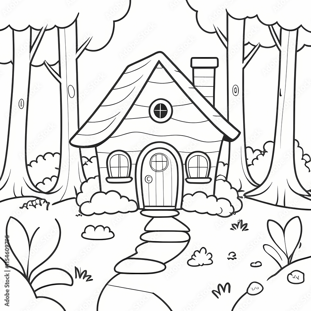 Cute kids coloring page. Landscape with house, trees, bushes, field and ...
