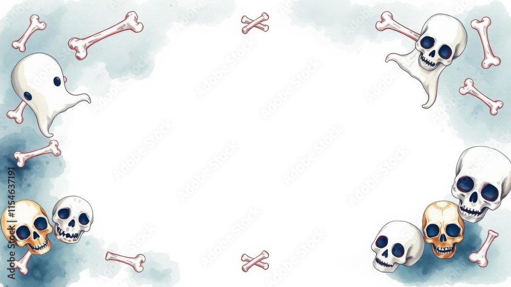 Square card template with spooky Halloween border, watercolor hand ...
