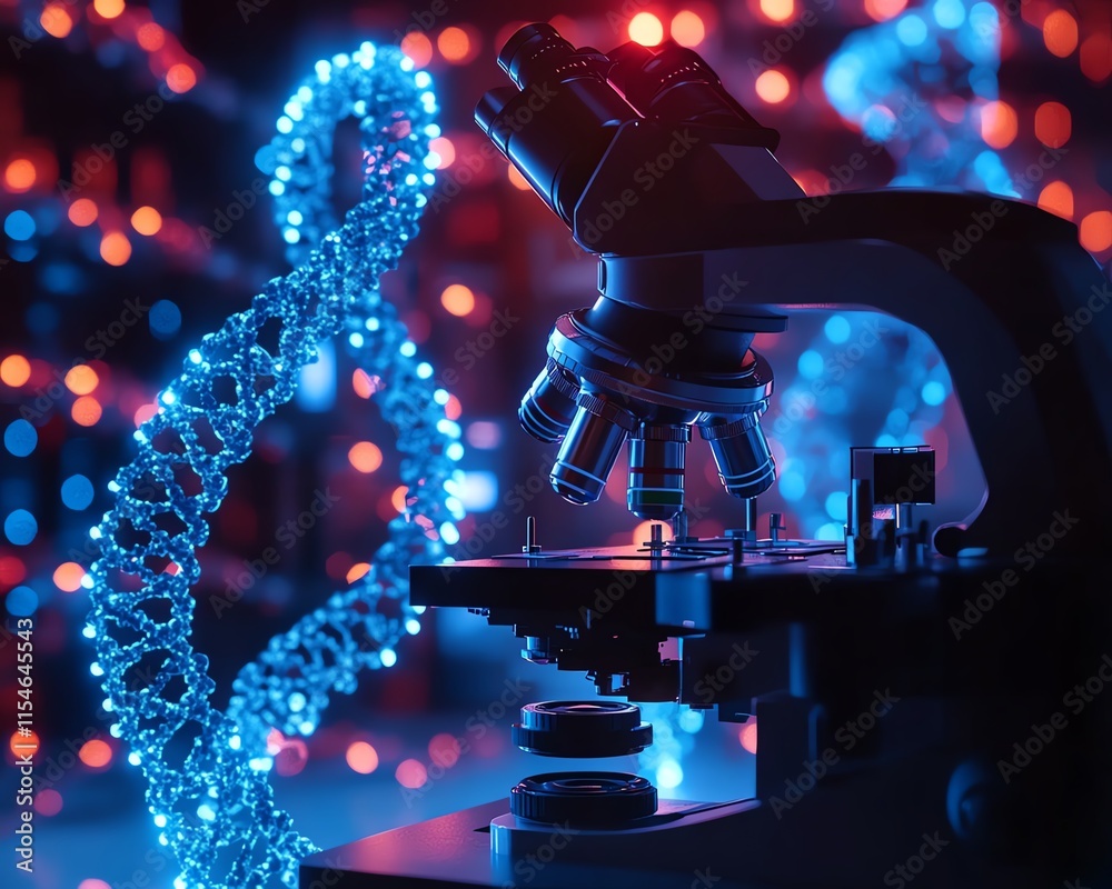 Macro shot of DNA strands under a microscope, animated style with ...