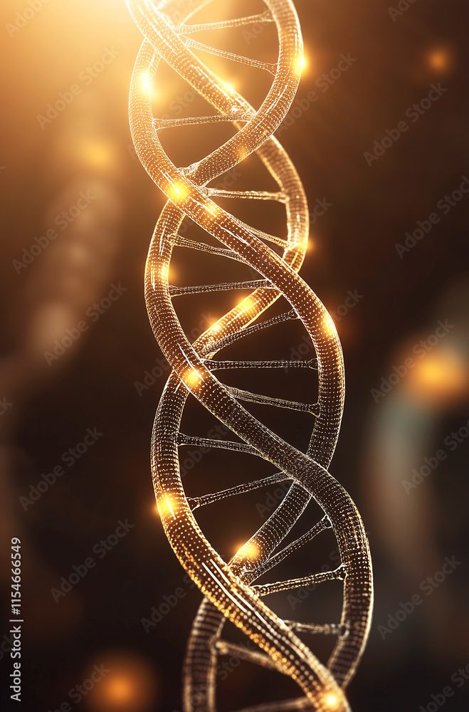 A DNA strand is shown in a bright yellow color. The image is a ...