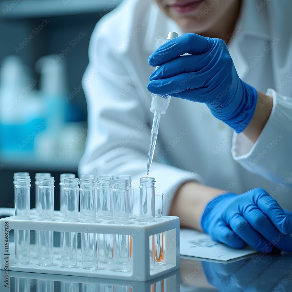 Scientist using pipette to add liquid to multiple transparent test ...