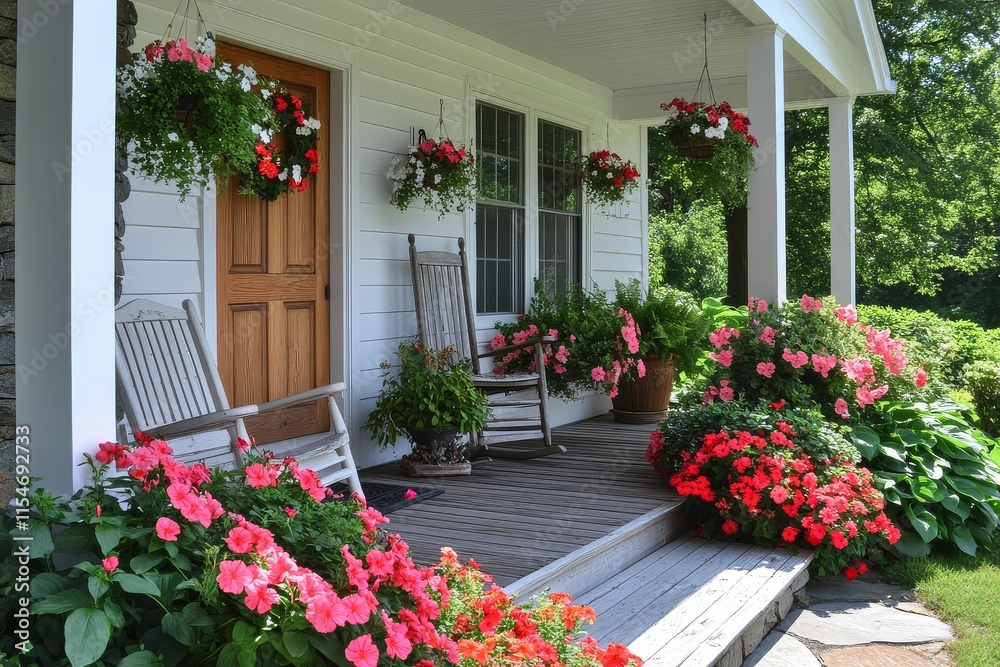 Fotografie Nantucket-style front porch with ornamental chair, potted ...