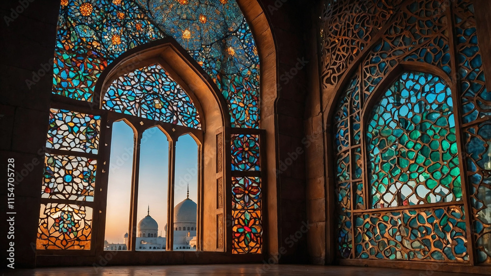 Islamic stained glass window Ramadan Kareem background. Mosque window ...