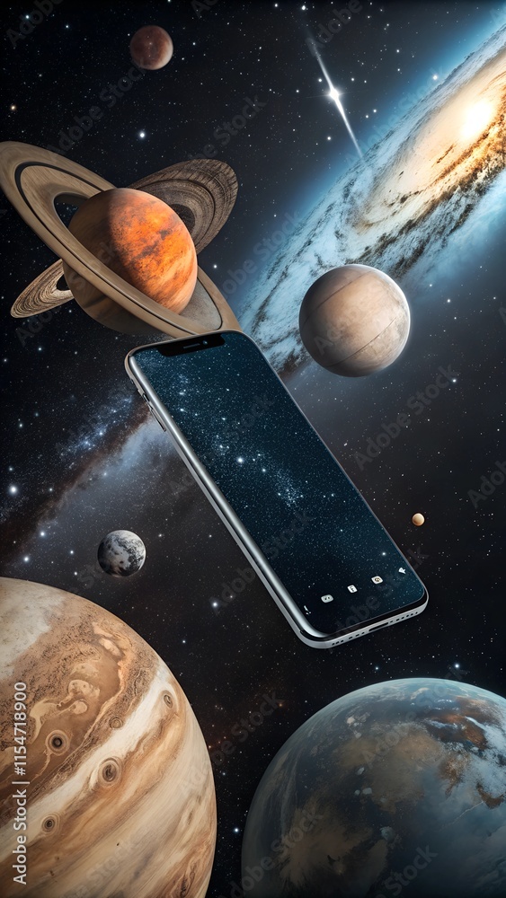 High-resolution smartphone levitating among stars, blending sci-fi ...