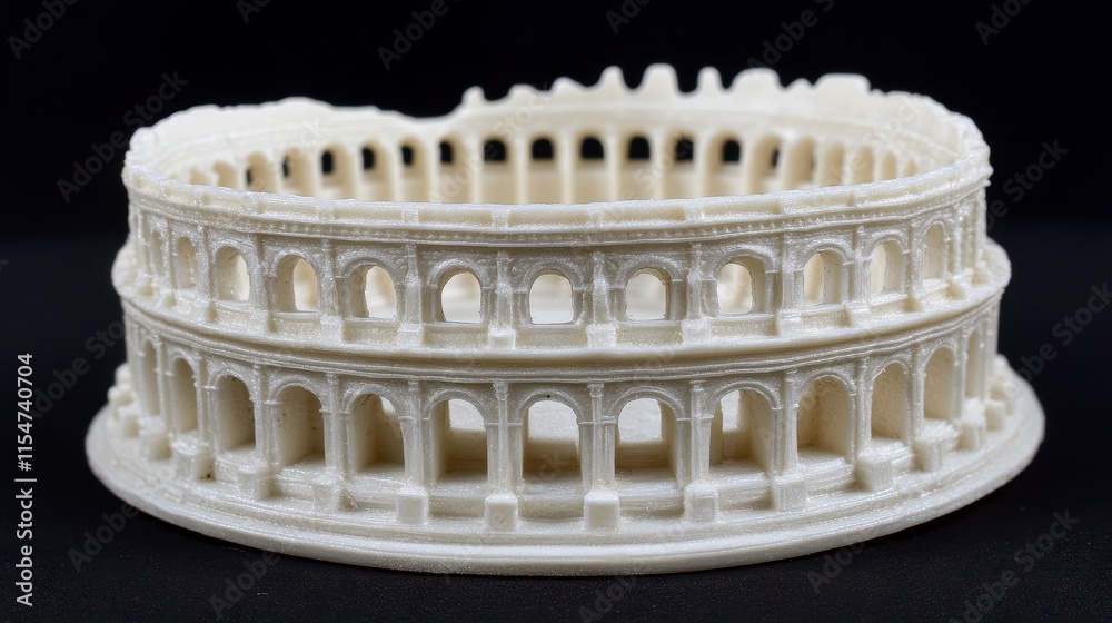 White 3D-printed model of a Roman amphitheater, isolated on black ...