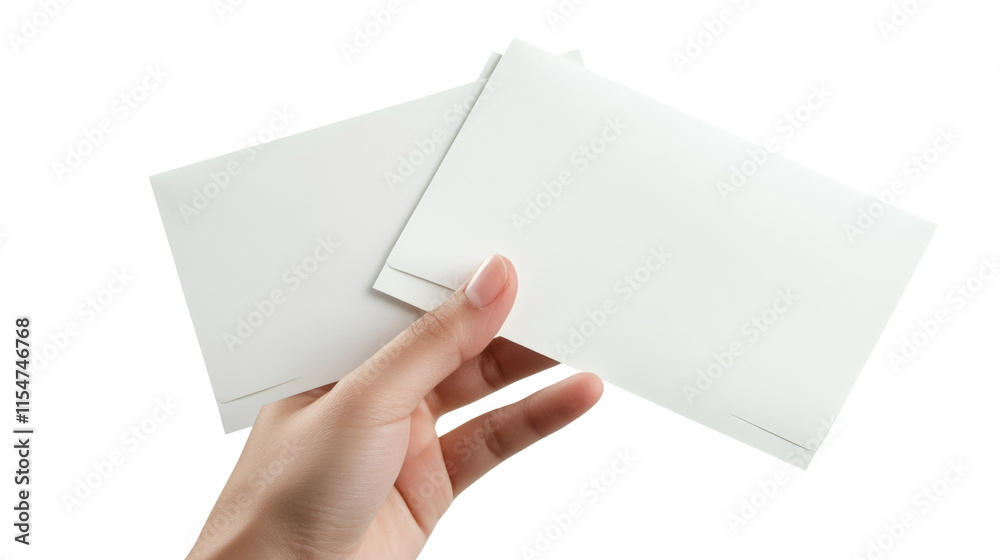 Hand Holding Two Blank White Envelopes On Transparent Background Stock