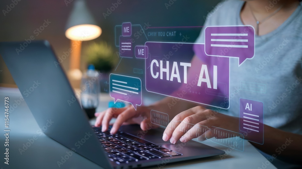 ChatGPT, LLMs (Large Language Models) Chat With AI Technology. Woman Using a Laptop Computer ...