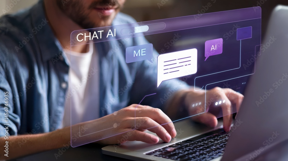 ChatGPT, LLMs (Large Language Models) Chat With AI Technology. Man Using a Laptop Computer ...