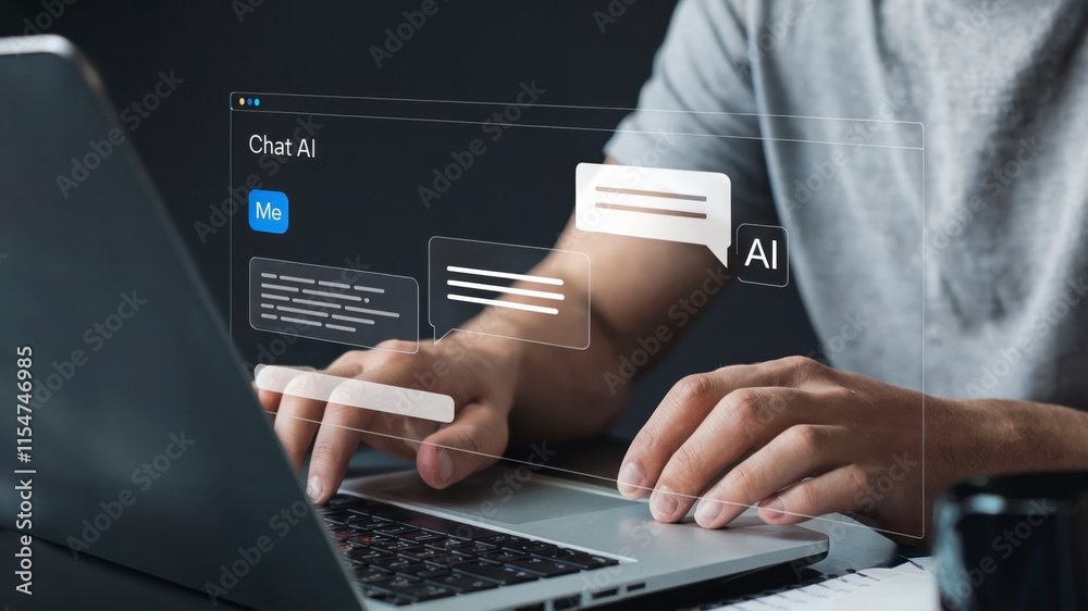 ChatGPT, LLMs (Large Language Models) Chat With AI Technology. Man Using a Laptop Computer ...