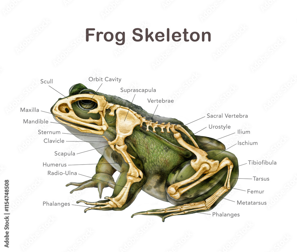Frog skeleton with bone names detailed illustration. Amphibia inner ...