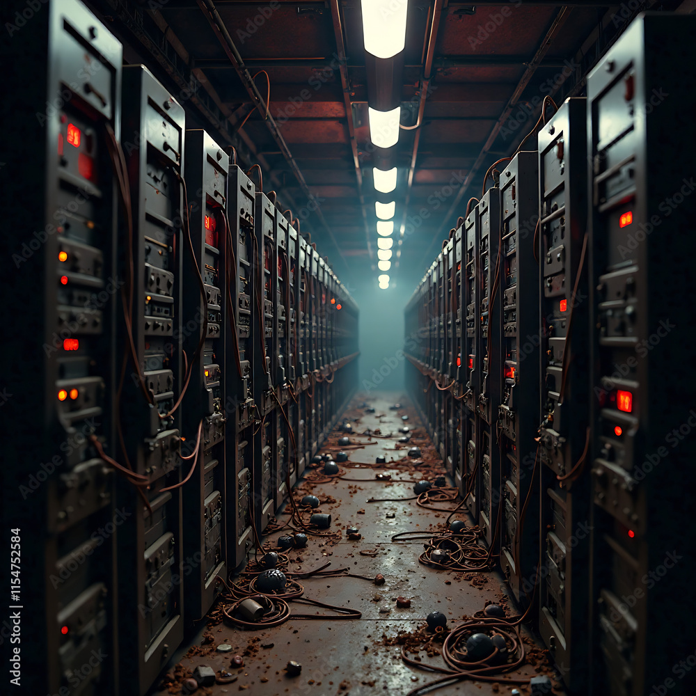 abandoned creepy old server room with tangled wires and broken computer ...