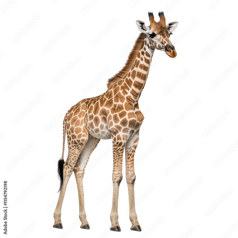 Giraffe standing tall with distinctive spots and long neck, isolated on ...