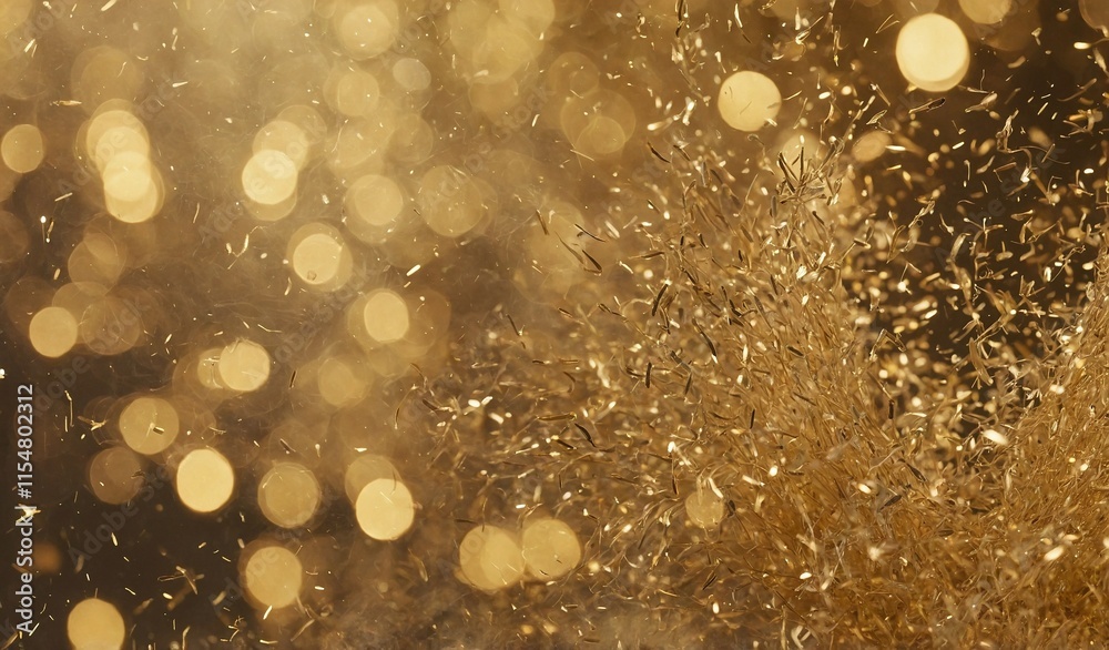 Abstract elegant, detailed gold glitter particles flow with shallow ...
