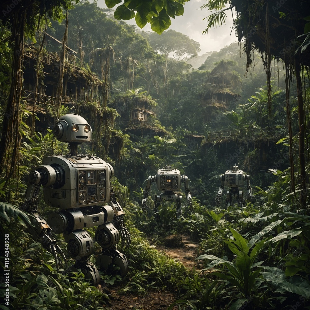 A jungle village where robots have transformed the natural world into a ...