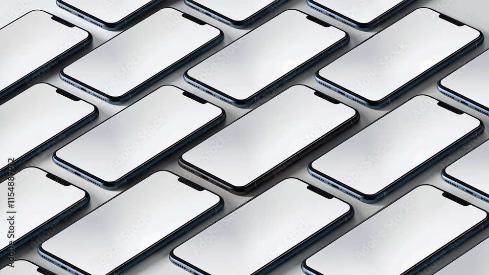 high-angle, grid-like view of many identical smartphones with blank ...