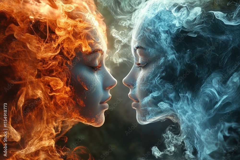 Striking digital artwork of two ethereal female faces, one in fiery ...