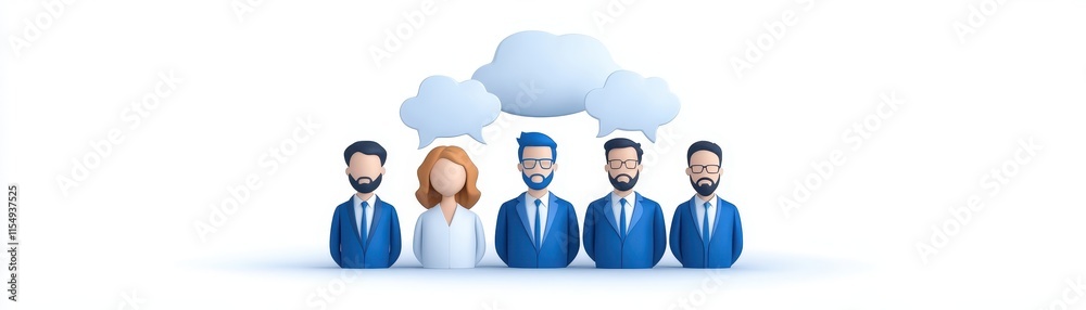 Five people communicating through speech bubbles, a visual ...