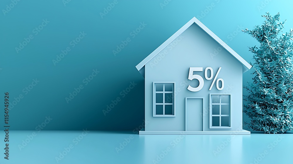 3D minimalist design showing a house model with a floating 5 percentage ...