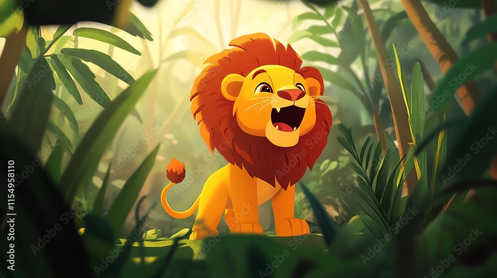2D cartoon of a baby lion learning to roar in a jungle.--ar 16:9 Stock ...