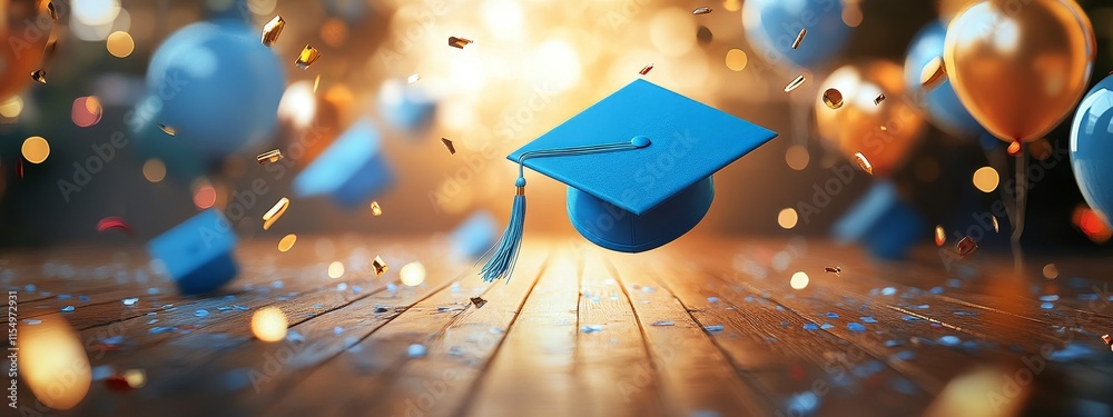 Blue graduation cap floating above wooden floor with confetti and ...