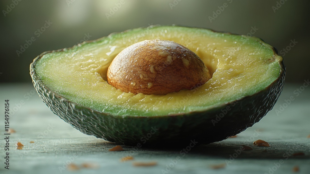 An open avocado half with a seed placed on a minimalist white ...