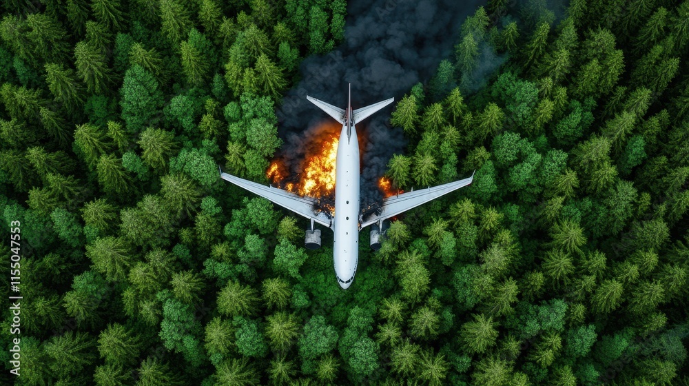 Aerial view of a plane crash in a dense forest with fire and thick ...