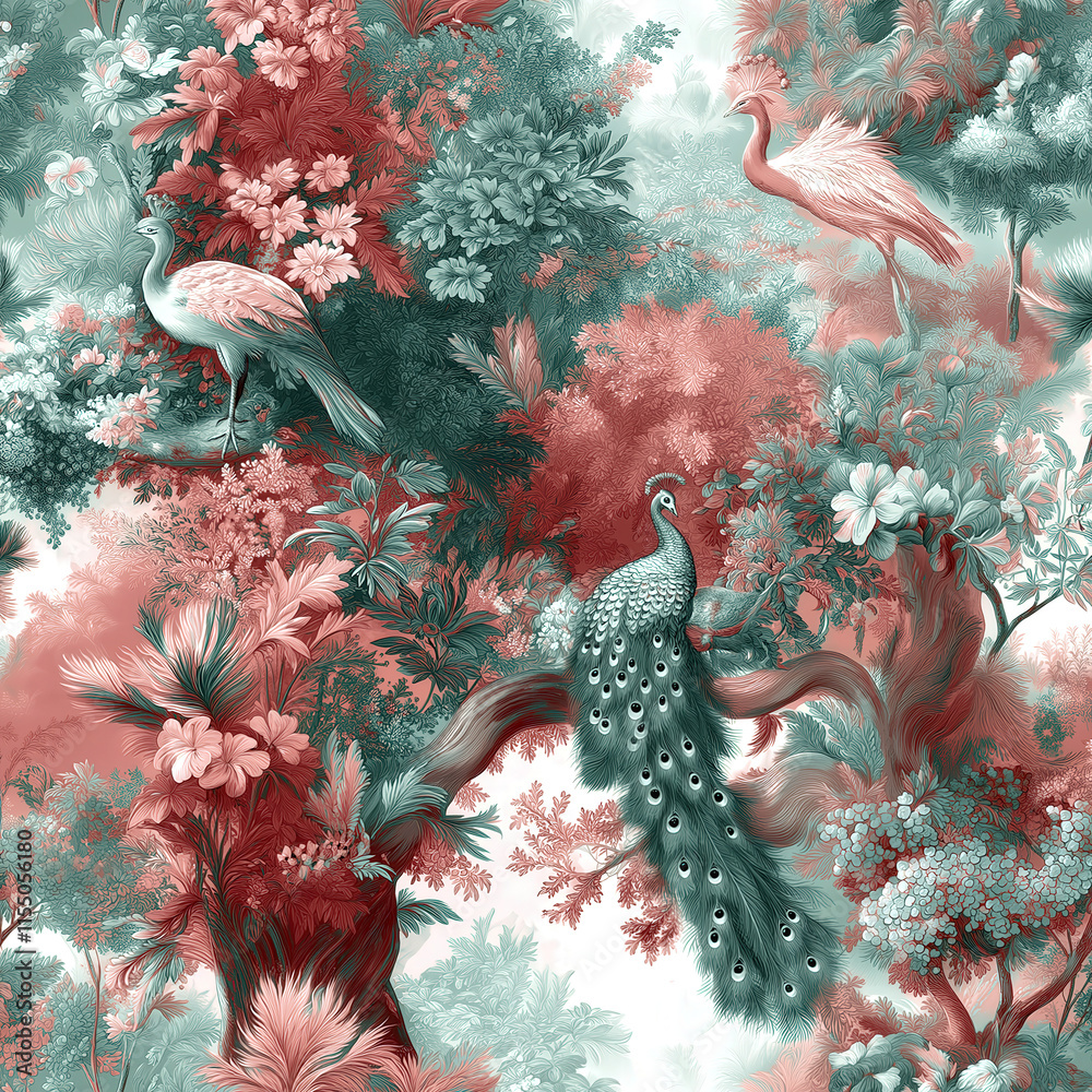 vintage toile textile pattern forest animals mythical creatures magical ...