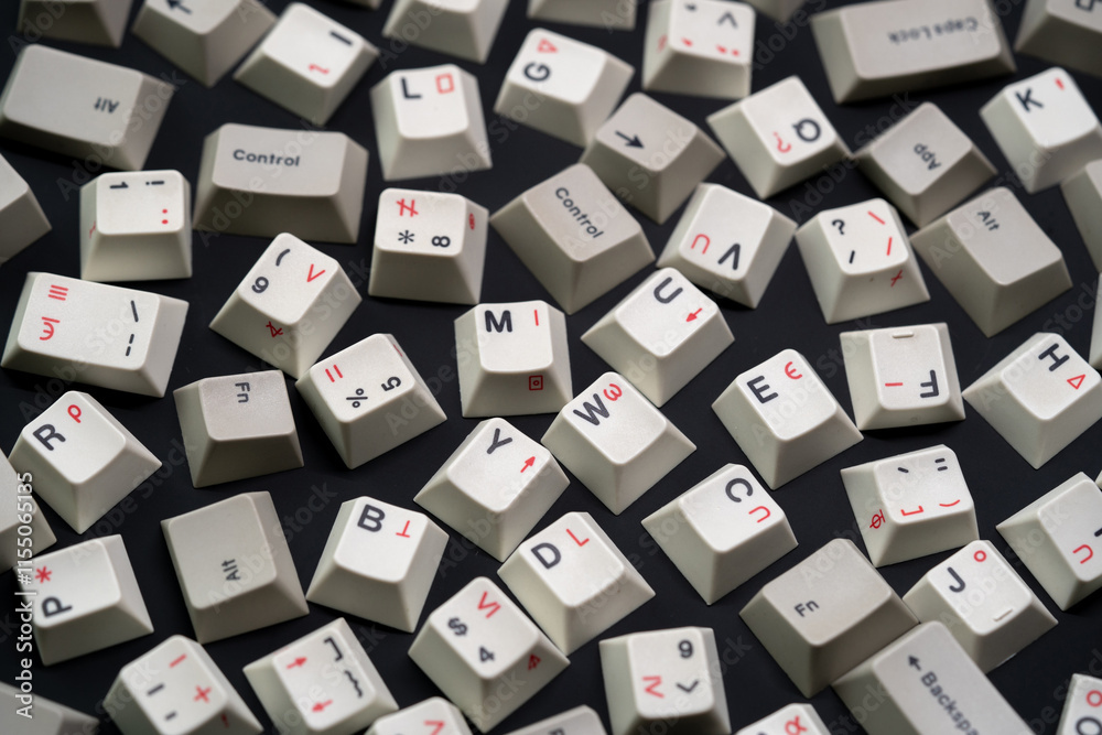 Scattered white keycaps, black on white mechanical keyboard keycaps on ...