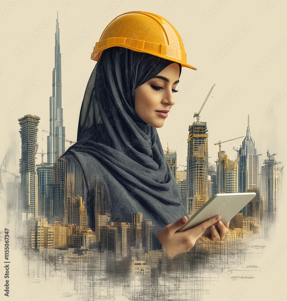 Saudi Emirati Egyptian Gulf Arab Muslim female engineer wearing helmet ...